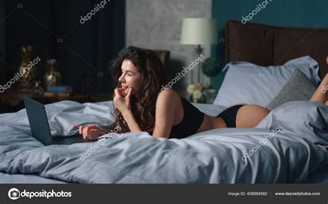 Happy Woman Having Video Call Computer In Bed Sexy Lady Looking