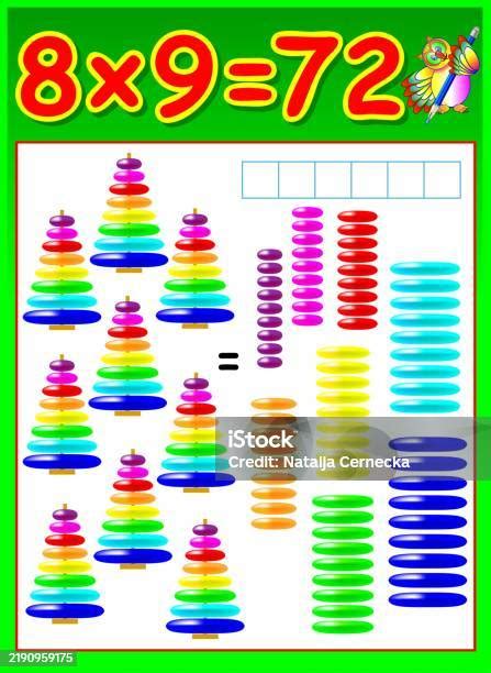 구구단을 배웁니다 어린이를 위한 교육 페이지입니다 어린이 활동 시트 8을 곱합니다 계산과 곱셈 기술을 개발합니다 벡터 이미지입니다 0명에 대한 스톡 벡터 아트 및 기타