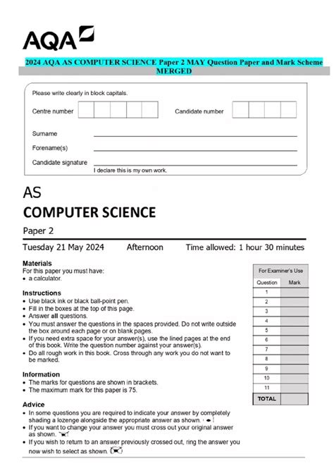 2024 aqa as computer science paper 2 may question paper and mark scheme