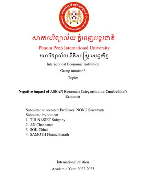 Negative Impact Of Asean Economic Integration On Cambodians Economy