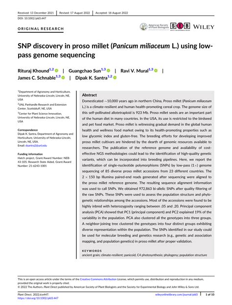 Pdf Snp Discovery In Proso Millet Panicum Miliaceum L Using Low