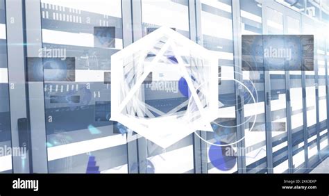Composition Of White Shapes And Data Processing Over Server Room Stock
