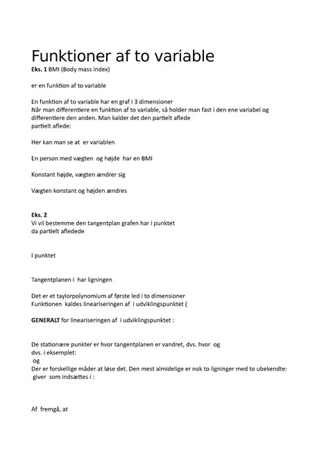 Funktioner Af To Variable 1 Bmi Body Mass Index Er En Funktion Af To Variable En Funktion Af