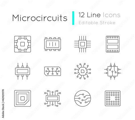 Microcircuits Linear Icons Set Designing Modern Microcomponents For Device Creation