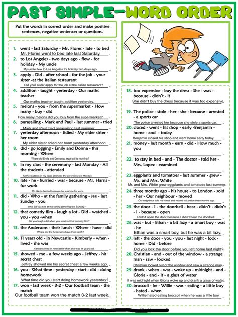 Past Simple Tense Word Order Exercise Worksheet 1 Pdf