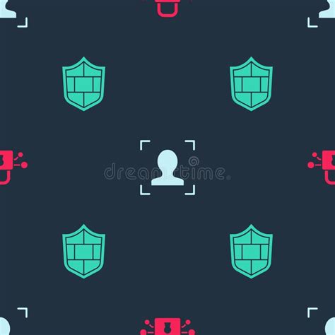 Set Cyber Security Face Recognition And Shield With Brick Wall On