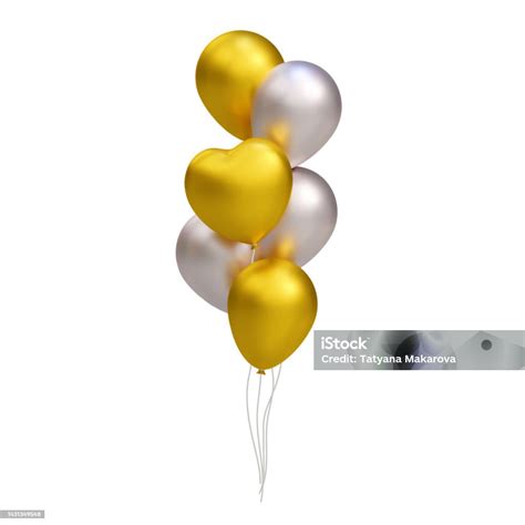 사실적인 3d 황금과 은색 풍선 심장 모양의 무리 카드 파티 디자인 전단지 포스터 배너 웹 광고에 대한 벡터 일러스트 레이 션 장식 3차원 형태에 대한 스톡 벡터 아트 및