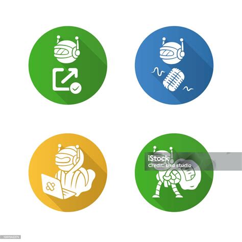 봇 유형 플랫 디자인 긴 그림자 문 하 아이콘 세트 해커 백링크 검사기 스크레이퍼 봇 악성 로봇 인공 지능 Ai 웹 최적화 컴퓨터 바이러스 벡터 실루엣 일러스트레이션 개념에