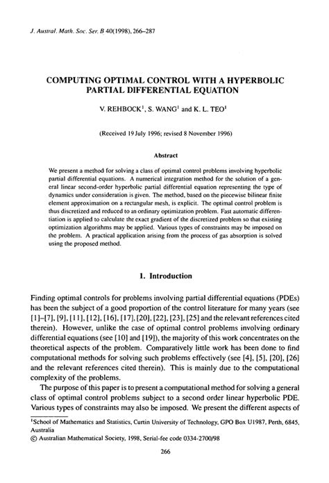 Pdf Computing Optimal Control With A Hyperbolic Partial Differential Equation