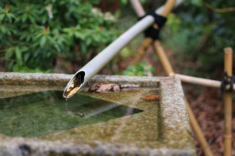 Water Flowing Down The Pipe Into Small Pool In Japanese Garden Augsburg Germany Stock Image