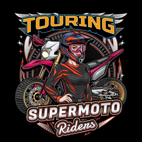 Supermoto Logo Template With Female Racer Character For Tshirt Design
