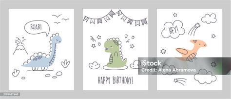 귀여운 공룡이 그려진 카드 인사말 카드 공룡과 포스터 세트 인사말 글자와 재미있는 문구 스칸디나비아 스타일의 카와이 다이노스 손 그리기 벡터 일러스트 레이 션 고립 라인