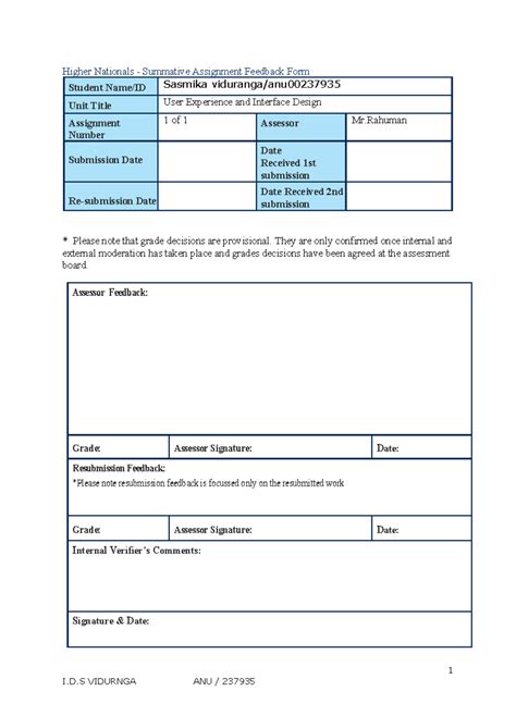 Unit 36 User Experience And Interface Design Assignment Feedback Form