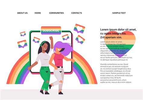 Lgbt 무지개 깃발을 들고 소셜 미디어 네트워크에서 채팅하는 여성 게이 레즈비언 퍼레이드 프라이드 페스티벌 트랜스젠더 러브 프리미엄 벡터