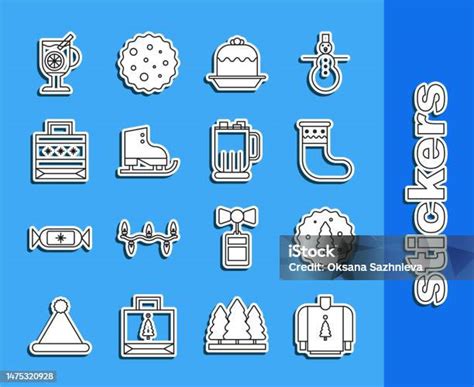 세트 라인 크리스마스 스웨터 쿠키 또는 비스킷 초콜릿 스타킹 케이크 피겨 스케이트 종이 쇼핑백 Mulled 와인 잔 음료 및 핫
