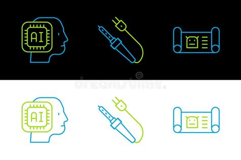 set line robot blueprint humanoid robot and soldering iron icon
