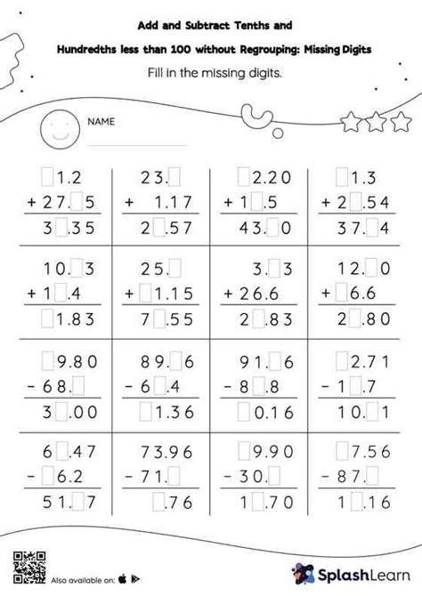 Add And Subtract Tenths And Hundredths Less Than 100 Without Regrouping Missing Digits