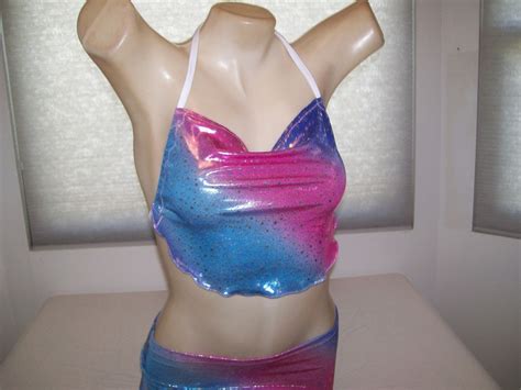New Stripper Exotic Dancer Blue Holo Tie Dye Mini Skirt Costume Set 2pc