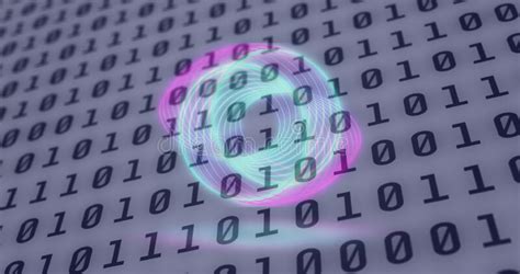 image of neon circles over digital screen with binary code stock image
