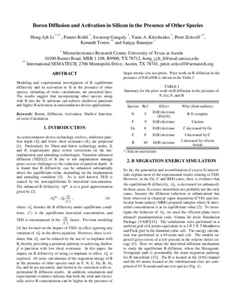 Pdf Boron Diffusion In Silicon In The Presence Of Other Species
