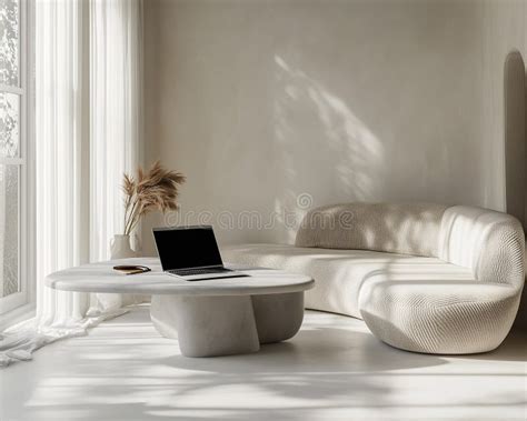 Serene Space With Curved Sofa Organic Coffee Table And Laptop Stock