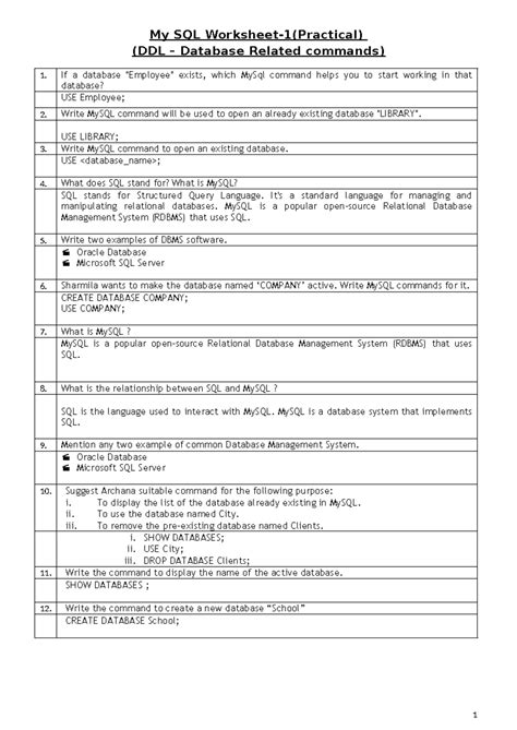 Mysql Class Xi Assignment Practical My Sql Worksheet 1practical