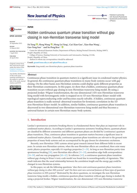 Pdf Hidden Continuous Quantum Phase Transition Without Gap Closing In Non Hermitian Transverse