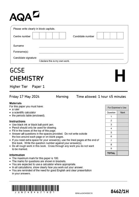2024 Aqa Gcse Triple Science Higher Chemistry Paper 1 Science Stuvia Uk