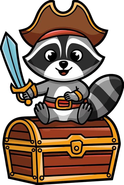 Pirate Raccoon Cartoon Sitting On Treasure Chest With Sword