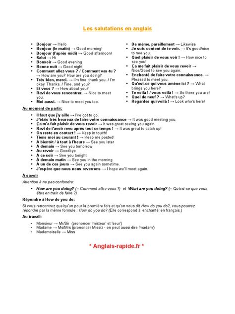 Les Salutations En Anglais Pdf