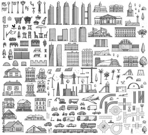 City Map Elements Illustration Drawing Engraving Ink Line Art Vector Stock Vector Adobe Stock