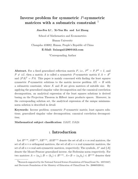 Pdf Inverse Problem For Symmetric P Symmetric Matrices With A Submatrix Constraint