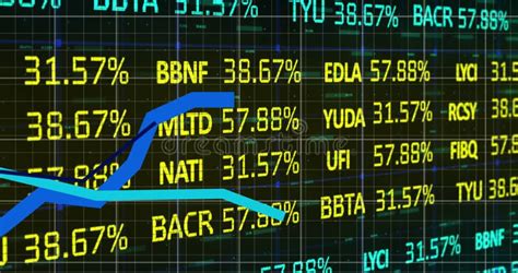 Digital Image Of Blue Graphs Over Stock Market Data Processing Against Black Background Stock