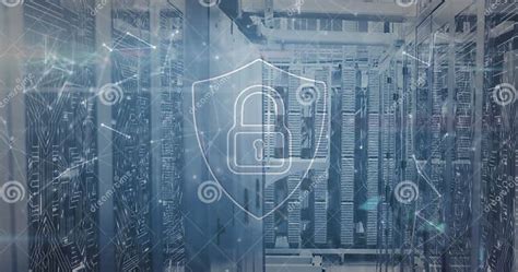 Image Of Padlock And Shield Icon With Connected Dots Over Data Server Systems Stock Illustration