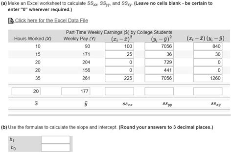 A Make An Excel Worksheet To Calculate Ssxx Ssyy And Ssxy Leave