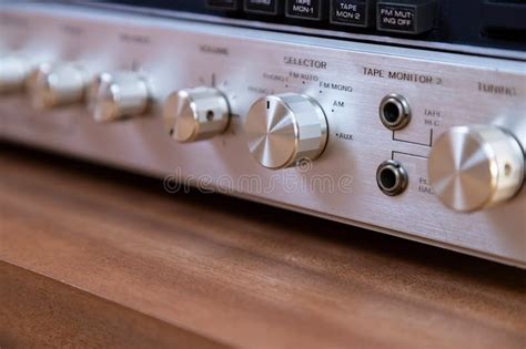 Vintage Stereo Tuner Receiver Amplifier Front Panel Controls Angled View Closeup Stock Image