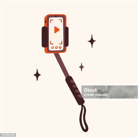 셀카 스틱 블로그 또는 Vlog 벡터 일러스트 레이 션을 만들기위한 장비 인터넷 콘텐츠 벡터 플랫 일러스트레이션을 만들기위한 만화 디지털 장치 셀카에 대한 스톡 벡터 아트