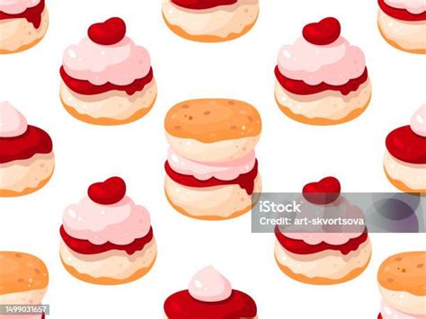 원활한 패턴 영국식 애프터눈 티를 위한 스콘 잼과 응고 크림을 곁들인 클래식 스콘 딸기 잼과 휘핑크림을 곁들인 갓 구운 스콘 잉글리쉬 스콘 0명에 대한 스톡 벡터 아트 및