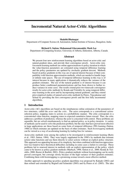 Pdf Incremental Natural Actor Critic Algorithms
