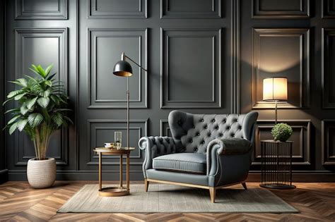 현대적인 럭셔리 어두운 거실 내부 배경은 회색 의자 어두운 방 내부 모 검은 빈 벽 모 빈티지 거실 모 3d 렌더링 프리미엄 Ai 생성 이미지