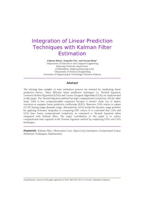 Docx Linear Predictionlinear Prediction In Kalman Filter Paper In Kalman Filter Paper
