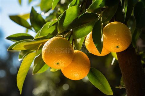 Close Up View Of Cluster Of Fully Ripened Oranges Hanging From Tree Branch In Organic Orchard