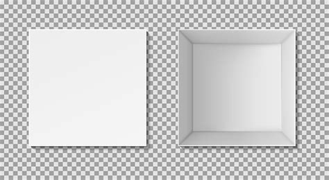 상단 내부보기와 3d 흰색 상자 모형 선물용 오픈 스퀘어 패키지 고립 된 배경에 현실적인 판지 원근 팩 전면 보기와 제품의 포장 소포를 풀기 벡터 래핑 상자입니다 전경에