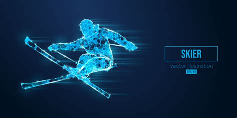 파란색 배경에 삼각형과 입자로 만든 스키어의 추상적인 와이어프레임 실루엣 트릭을 하는 스키어맨 조각 벡터 그림