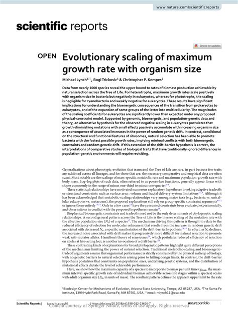 Pdf Evolutionary Scaling Of Maximum Growth Rate With Organism Size