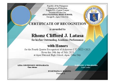 Certificate Grade 8 Recog Pdf