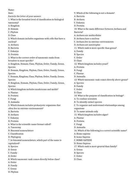 Biological Classification Quiz Pdf Genus Taxonomy Biology