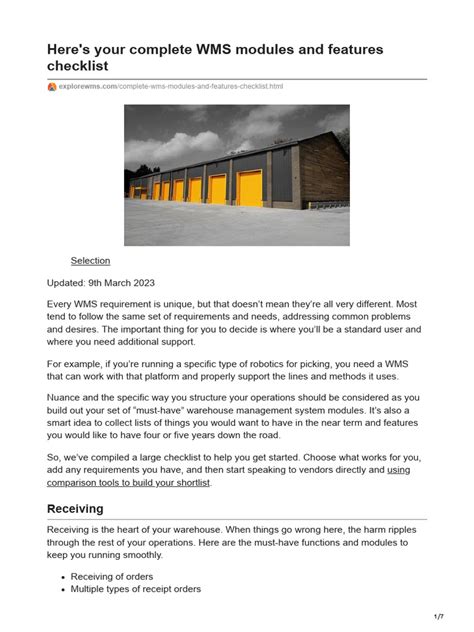 Wms Complete Wms Modules And Features Checklist Pdf Warehouse E