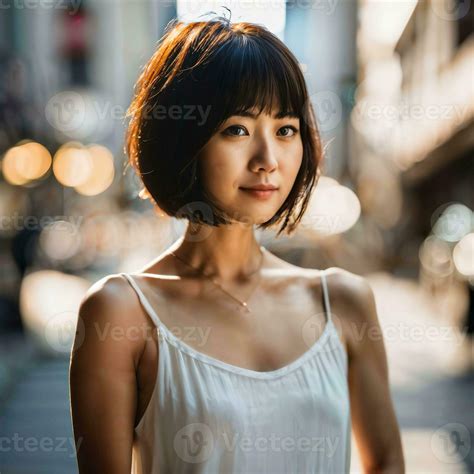 Photo Of Beautiful Japanese Asian Woman With Short Hair Generative Ai