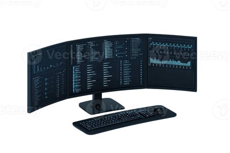 A Modern Curved Computer Monitor Displaying Various Data Metrics And Analytics Accompanied By